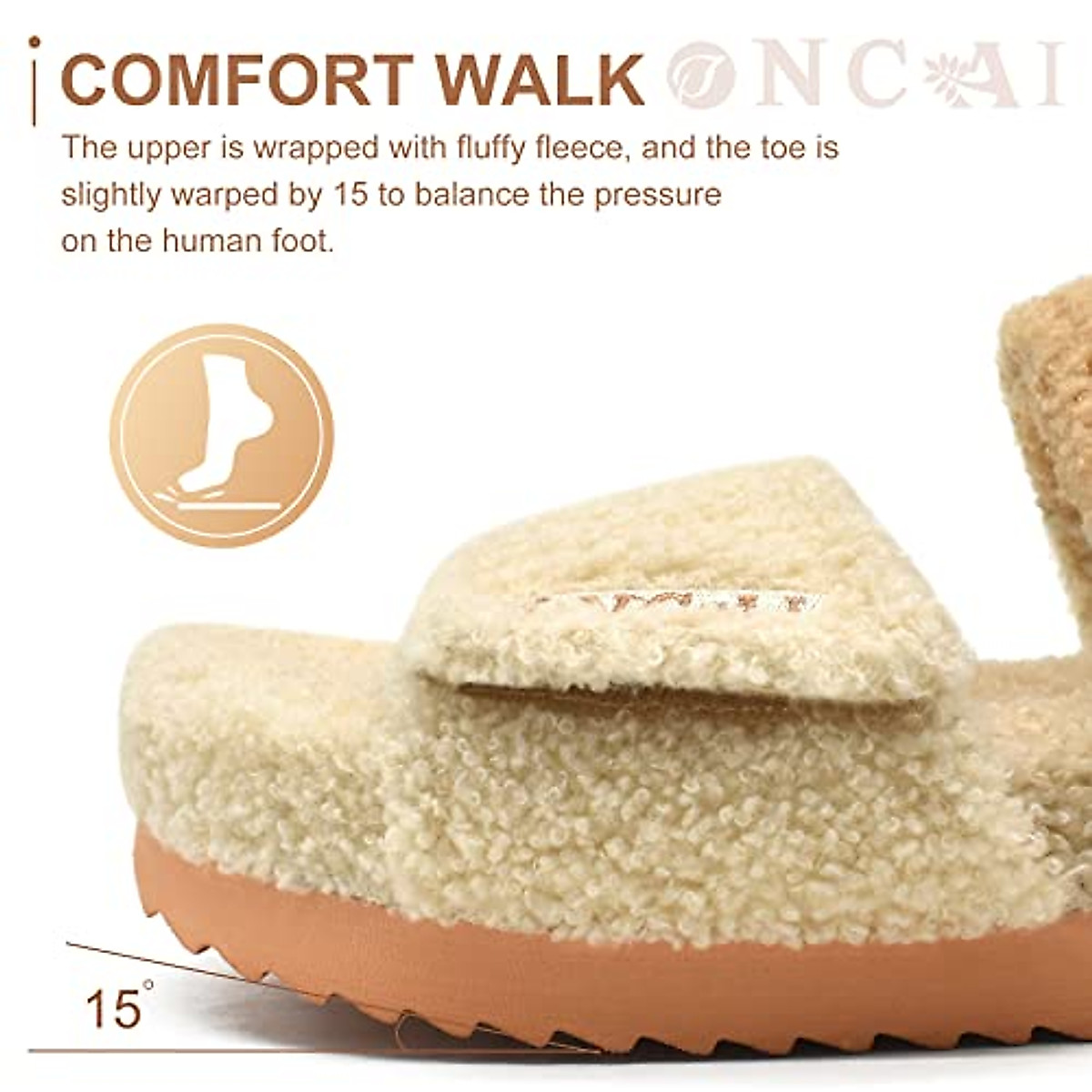 ONCAI Womens Open Toe Platform Slippers,Fluffy Arch Support Sherpa Slides,Faux Fur Sandals with Memory Foam Footbed and Adjustable Strap Beige US Size 9