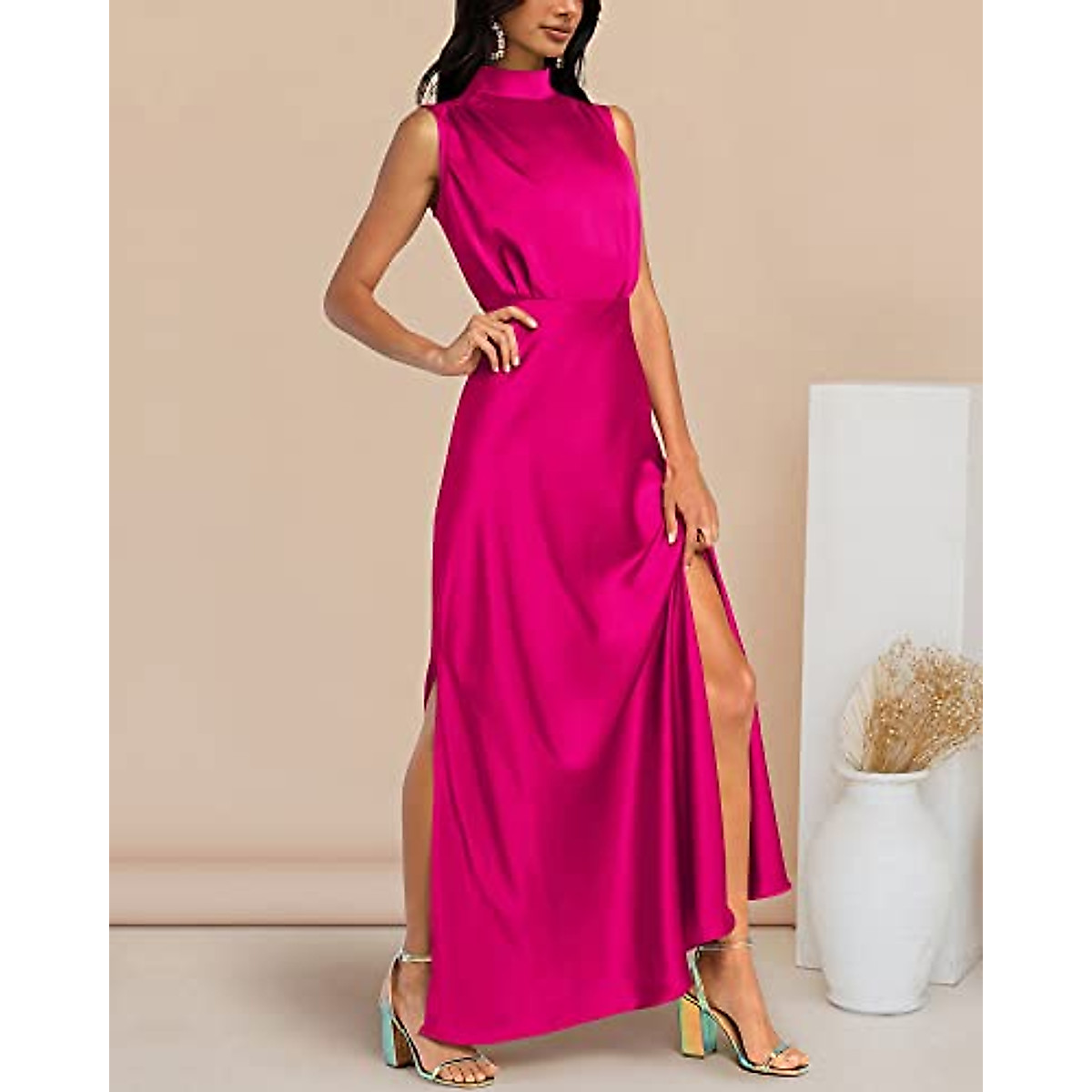 BTFBM Women Sleeveless Mock Neck Cocktail Dresses Keyhole Elastic Waist Party Wedding Guest Satin High Split Maxi Dress(Solid Rose Red, Small)