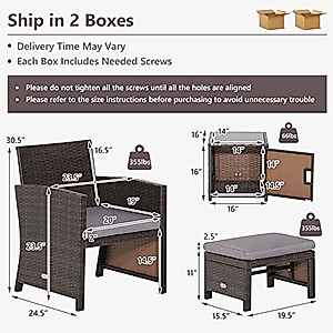 Tangkula 5 Pieces Wicker Patio Furniture Set, Patiojoy Conversation Chair and Ottoman Set with Single-Door Storage Coffee Table and Cushions, Outdoor Lounge Chair Chat Set, Space-Saving (Grey)