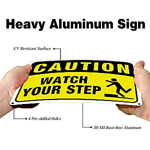 GLOBLELAND 2 Pack Watch Your Step Caution Sign, 7x10 inches 30 Mil Aluminum Security Warning Signs for Stairs or Platforms, UV Protected and Waterproof