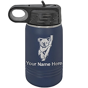 LaserGram Personalized Water Bottle, Koala Bear, Stainless Steel Double Wall Vacuum Insulated with Flip Top Straw, Custom Engraved Gift (12oz / 335ml Navy Blue)