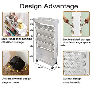 5 Tier Mobile Bookshelf, Removable Movable Unique Bookcase, Utility Organizer White Bookshelves with Wheels for Kids Children Students Study at Home School Bedroom Living Room