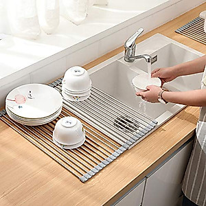 Large 21" x 16" Multipurpose Foldable Stainless Steel Roll Up Dish Drying Rack Over The Sink Kitchen Dish Drainer Rack and 2pcs Silicone Dish Brush (Gray)