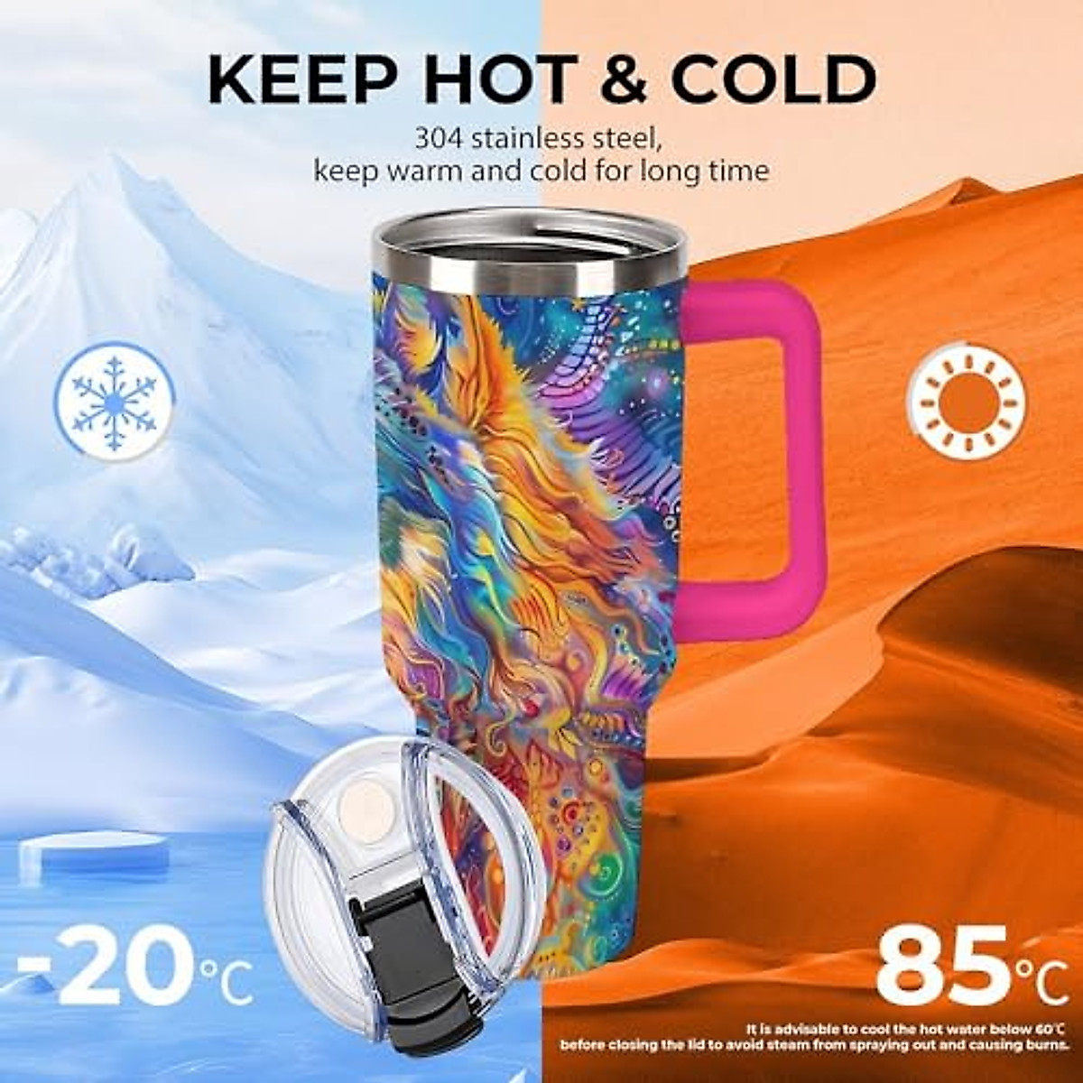 Wolf Insulated Tumbler with Lid And Straw Stainless Steel Travel Coffee Mug 40oz Light Rose Red-style