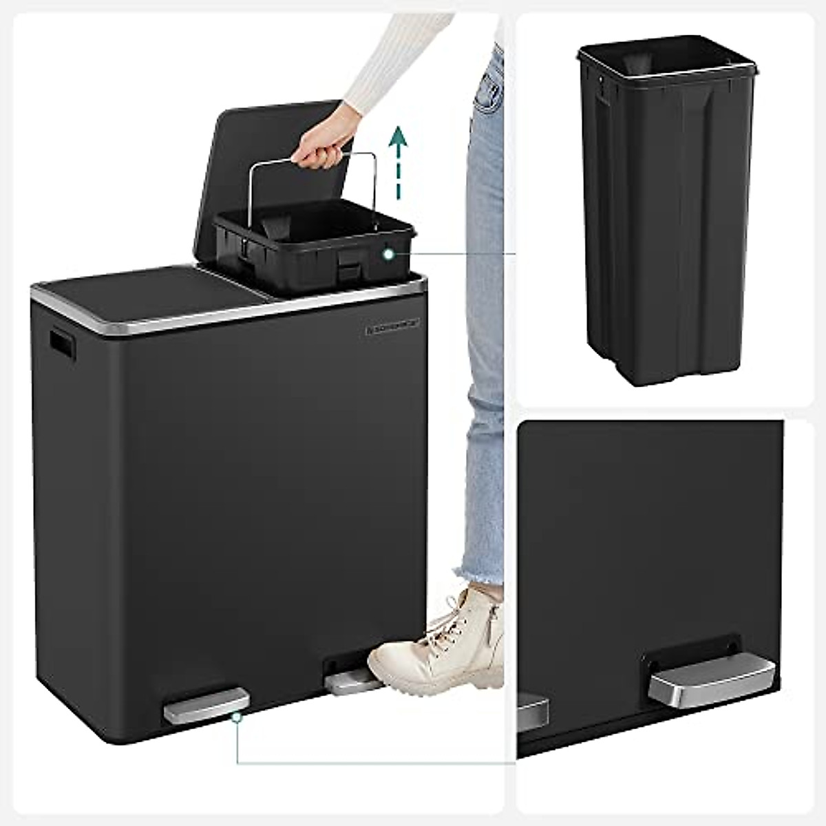 SONGMICS Dual Trash Can, 16 Gal (60L) Rubbish Bin and 15 Trash Bags, Metal Step Bin, with Dual Compartments, Plastic Inner Buckets and Hinged Lids, Airtight, Black ULTB60BK
