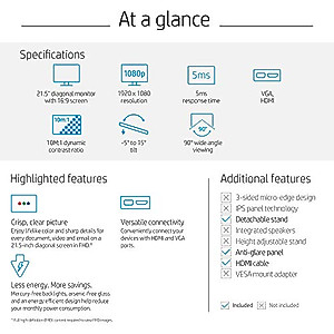 HP 21.5 -inch FHD Monitor with Tilt Adjustment and Anti-glare Panel (22yh, Black)