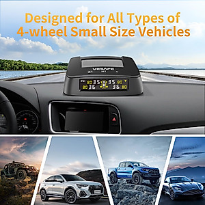 VESAFE Wireless tire Pressure Monitoring System, TPMS, with Solar Charger, Different high/Low Pressure Limits for Two axles, auto Sleep Mode, only Work with Cars, not Work with Camping Vehicles