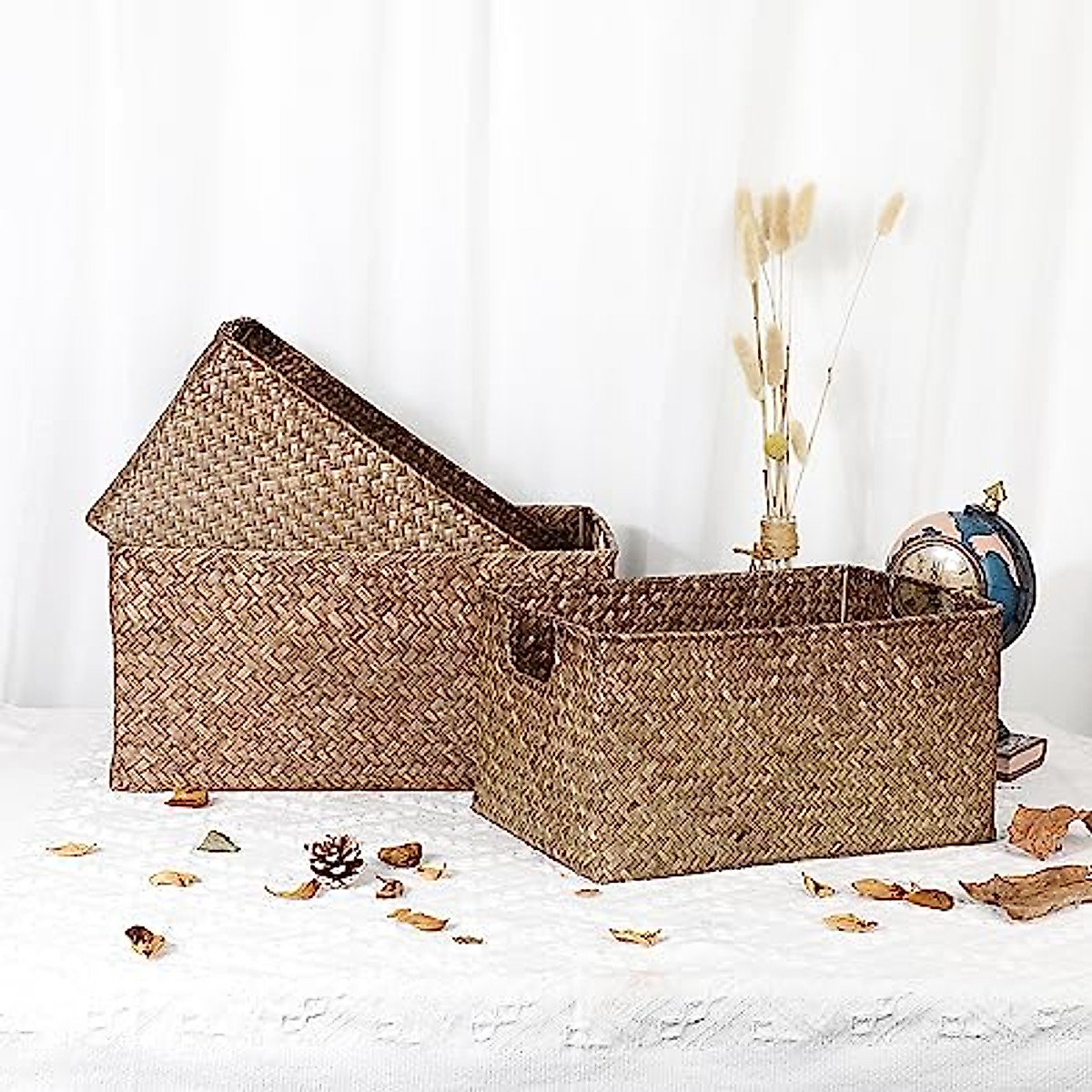 Hipiwe Seagrass Storage Opened Baskets Bin for Shelf Organizing Handwoven Wicker Baskets Rectangular Decorative Basket Closet Bedroom Organizer Bin Box Multipurpose Storage Basket with Handle