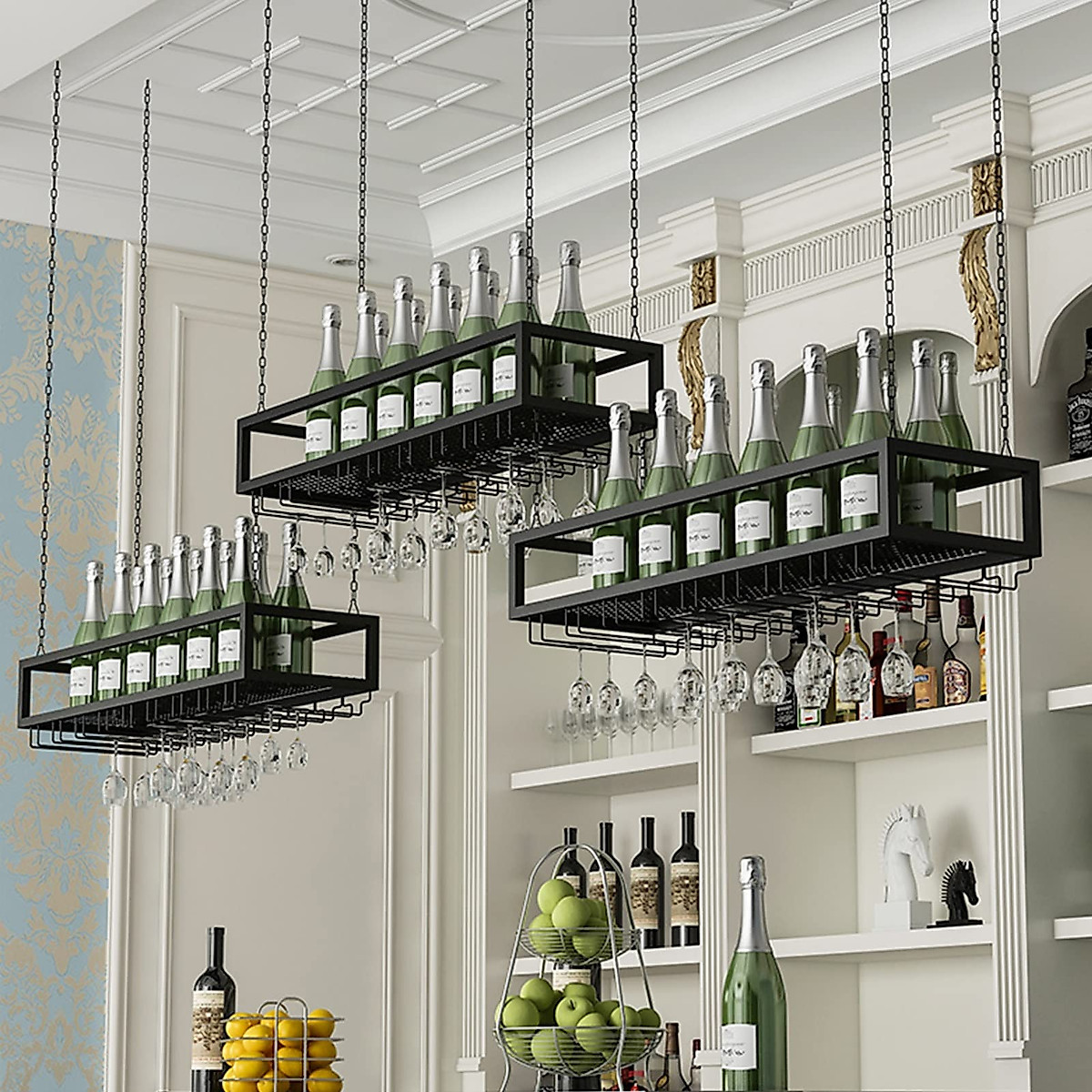 Ceiling Metal Iron Chain Wine Glass Rack, Hanging Wine Glass Holder, Adjustable Wine Rack with Glass Holder, Matte Black Stemware Rack