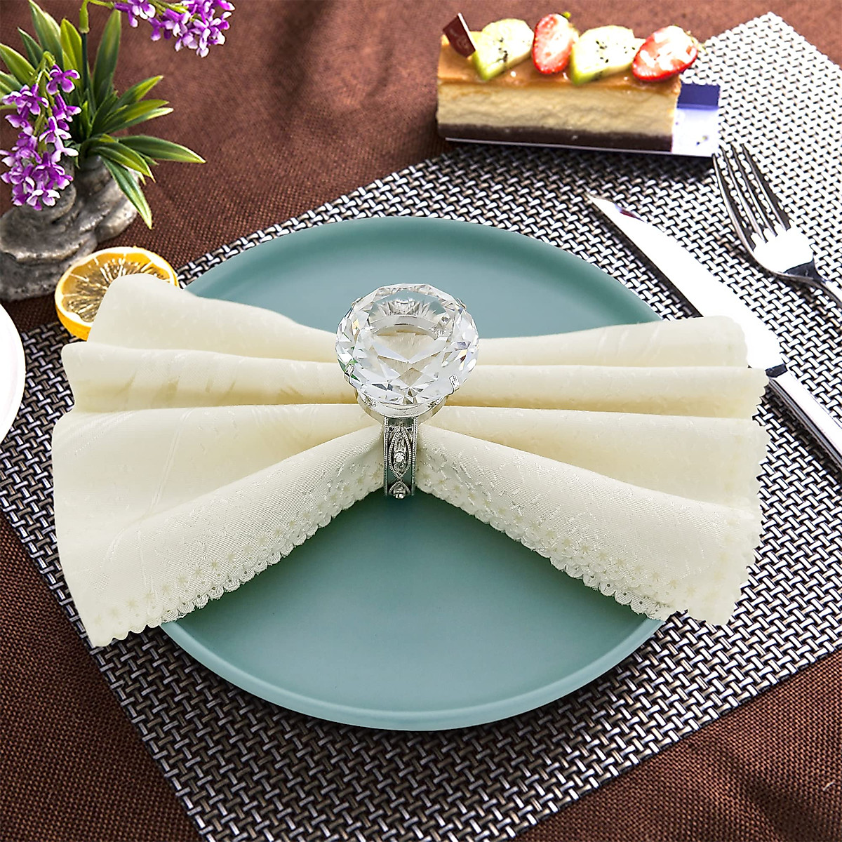 monochef Diamond Napkin Rings Set of 12 Silver Crystal Rhinestone Wedding Napkin Holder Holiday Dinner Decoration Bling Banquet Table Linen Accessory (Ring A Silver, 12)