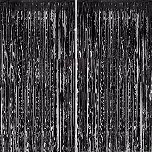 FECEDY 2pcs 3ft x 8.3ft Black Metallic Tinsel Foil Fringe Curtains Photo Booth Props for Birthday Wedding Engagement Bridal Shower Baby Shower Bachelorette Holiday Celebration Party Decorations