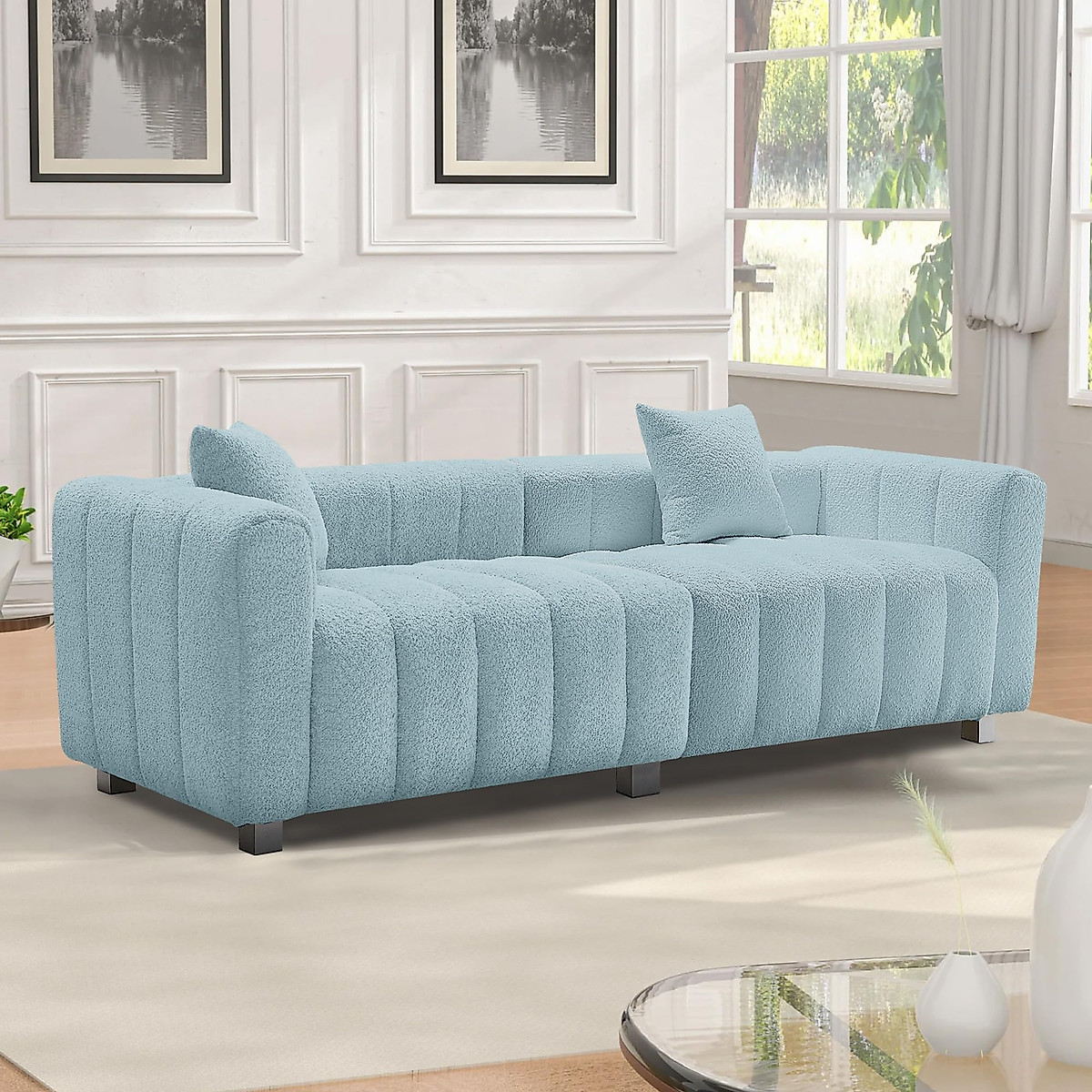 SZLIZCCC Sofa Couch for Living Room, 87.4 Inch Modern Upholstered Couch, Teddy Velvet Tufted Sofa, 3 Seat Sofa Big Comfy Couch Sofas for Livingroom, Comfy Couch Sofas for Office (Blue)