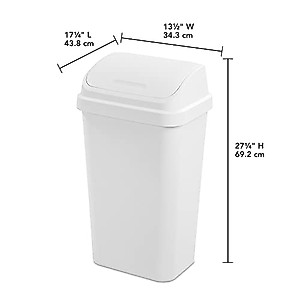 Sterilite 13 Gallon Plastic Swing Top Spave Saving Flat Side Lidded Wastebasket Trash Can for Kitchen, Garage, or Workspace, White