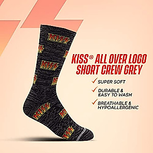 PERRI'S SOCKS- KISS® All Over Logo Crew Socks, Officially Licensed Rock Band Flat Socks, Cushioned Novelty Socks for Men and Women - Grey, Large KSA301-036-L