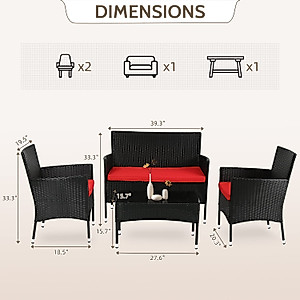 FDW Patio Furniture Set 4 Pieces Outdoor Furniture Wicker Patio Chair Rattan Patio Furniture Patio Conversation Set for Outdoor Indoor Use with Loveseats Coffee Table,Red Cushion