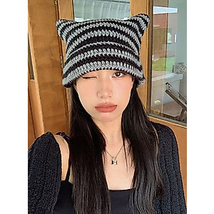 Women Harajuku Knitted Crochet Hats Striped Cat Beanie Grunge Accessories Slouchy Beanies for Women Black