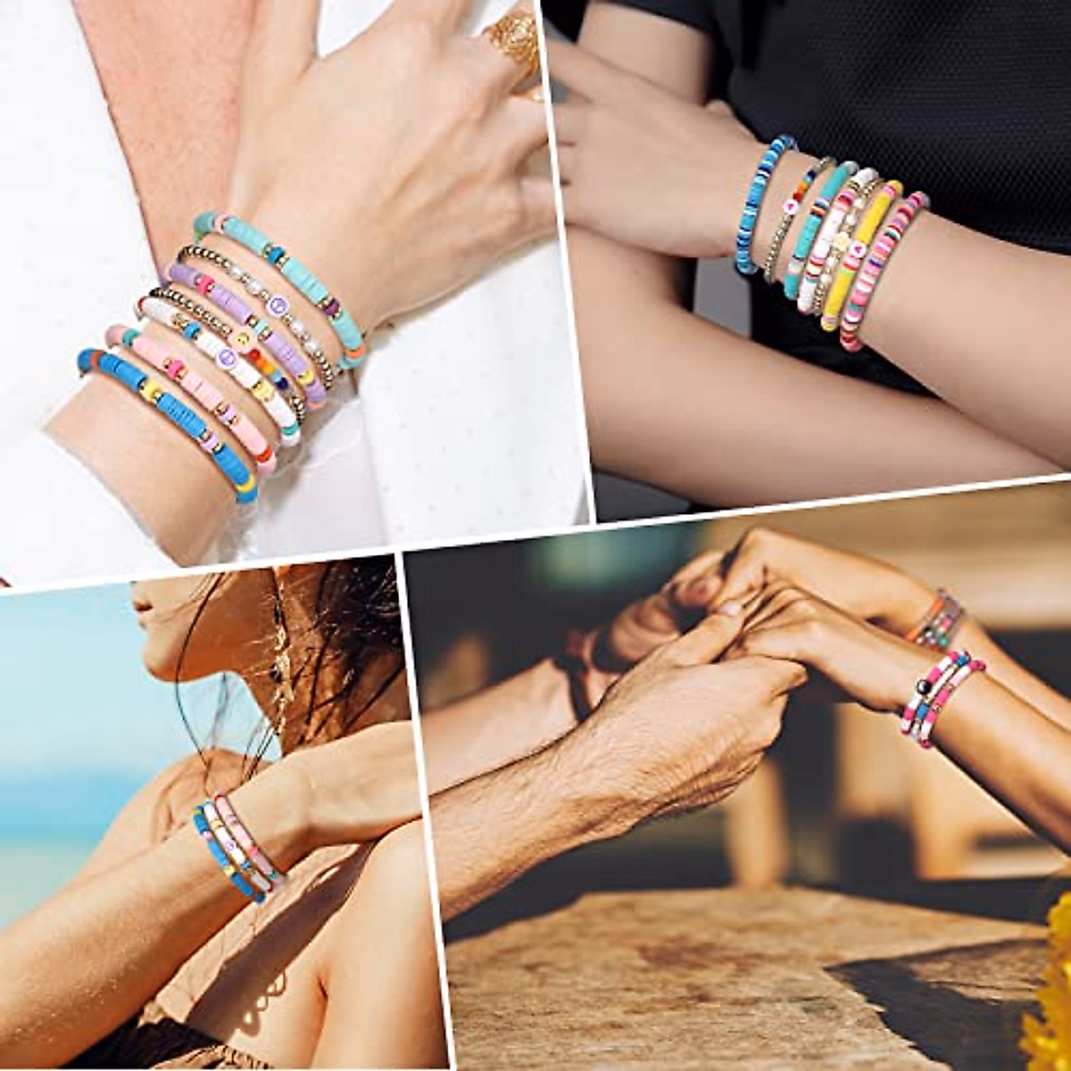 28 Pcs 4 Set Heishi Surfer Bracelets Set Colorful Preppy Smile Evil Eye Beaded Stretch Bracelet Clay Stackable Boho Disc Party Gift Y2k Aesthetic Summer Beach Jewelry for Xmas Halloween (Cute Style)