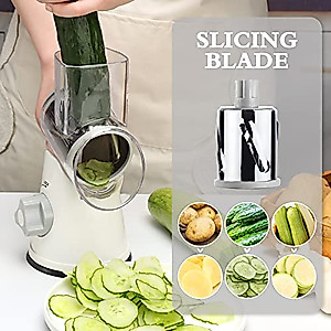 Ancevsk Rotary Cheese Grater Shredder with Strong Suction Base, Kitchen Speed Hand Crank Vegetable Slicer, Potato Hash Brown Shredder Nut Grinder with 3 Replaceable Stainless Steel Drum Blades (White)