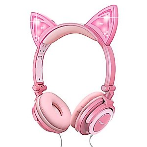 esonstyle Cat Ear Headphones for Kids, Wired Kids Headphones with LED Light Up, 85dB Volume Limited, Foldable 3.5mm Jack Headphones for School/Travel/iPad/Tablet (Peach)