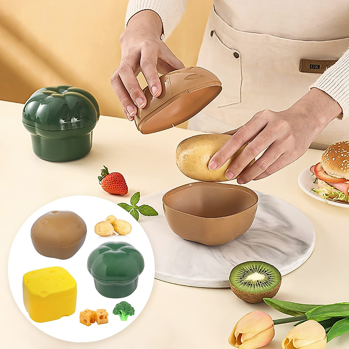 YASYU Fruit and Vegetable Shaped Food Saver Storage Containers for Refrigerator,3pcs Plastic Vegetable Sealed Keeper Fresh Storage Box,Vegetable Crisper- Potato Storage, Broccoli Keeper, Cheese Saver