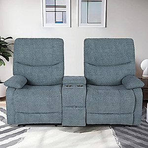 VUYUYU Reclining Sofa, Double Reclining Loveseat with Console, 2 Seater Sofa Home Theater Seating, Fabric Recliner Sofa Couches with Storage and Cup Holders (Blue)