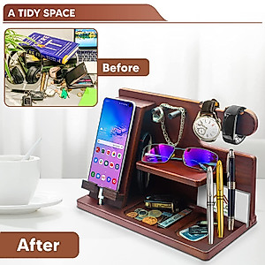 Wood Phone Docking Station Gifts for Men Him Husband Dad Boyfriend - Stylish Nightstand Organizer for Men Wooden Bedside Watch Stand Wallet Desk Organizer (Brown)