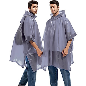 Borogo 2 Pack Rain Ponchos for Adults Reusable - Raincoats Survival Emergency Heavy Duty Rain Coat with Drawstring Hood Grey