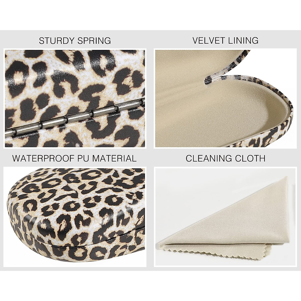 MoKo Hard Shell Eye Glasses Case with Cloth, PU Leather Protective Eyeglasses Cases Storage Organizer Travel for Men Women, Leopard