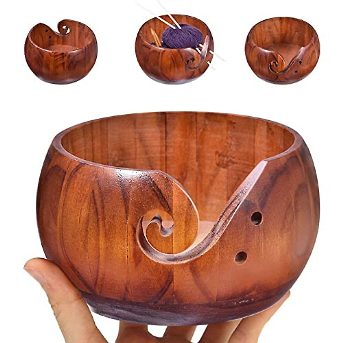 Wooden Yarn Bowl Wool Storage Handmade Craft, Knitting Bowl Basket with Carved Holes & Drills for DIY Knitting, Slipping Prevent Crocheting Accessories, Great Gift for Wife Mother (Brown)