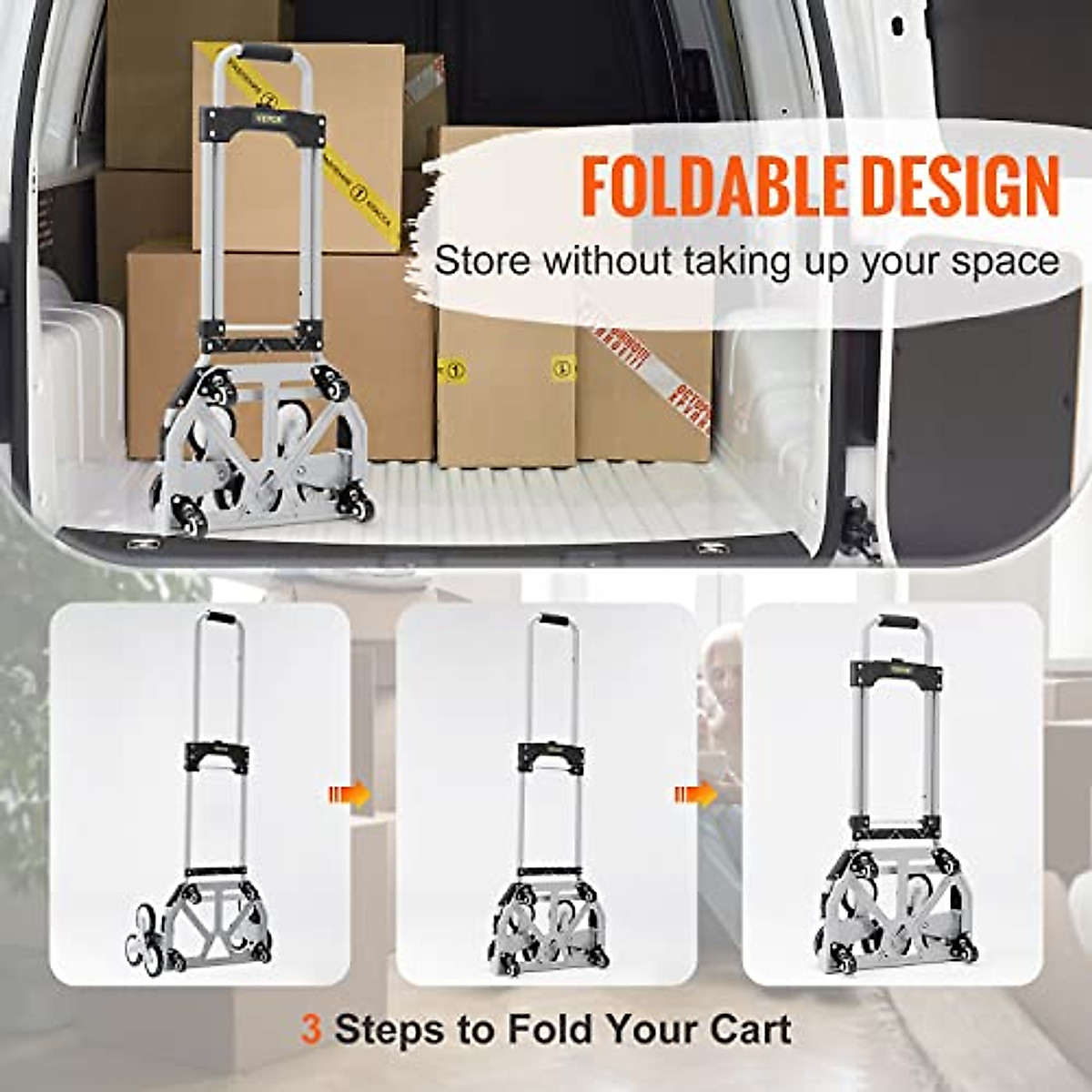 VEVOR Stair Climbing Cart, 220 lbs Load Capacity, Foldable Hand Truck with 32.3-45.7 inch Adjustable Handle Height, 4 Universal Wheels & 2 Elastic Ropes, Multipurpose Dolly for Warehouse Shopping