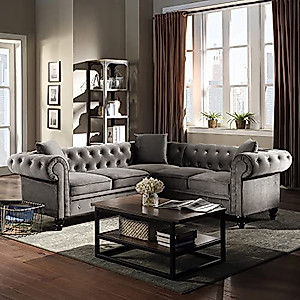 SZUBEE 8080" L Shaped Sectional Sofa Living Room Furniture Deep Button Tufted Velvet Upholstered Rolled Arm Classic Chesterfield 3 Pillows Included, Grey