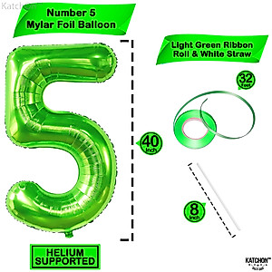 KatchOn, Light Green 5 Balloon Numbers - 40 Inch | Big, Number Green 5 Balloons for 5th Birthday Decorations for Boys | 5th Birthday Balloons for Green Birthday Decorations, Dinosaur Party Decorations