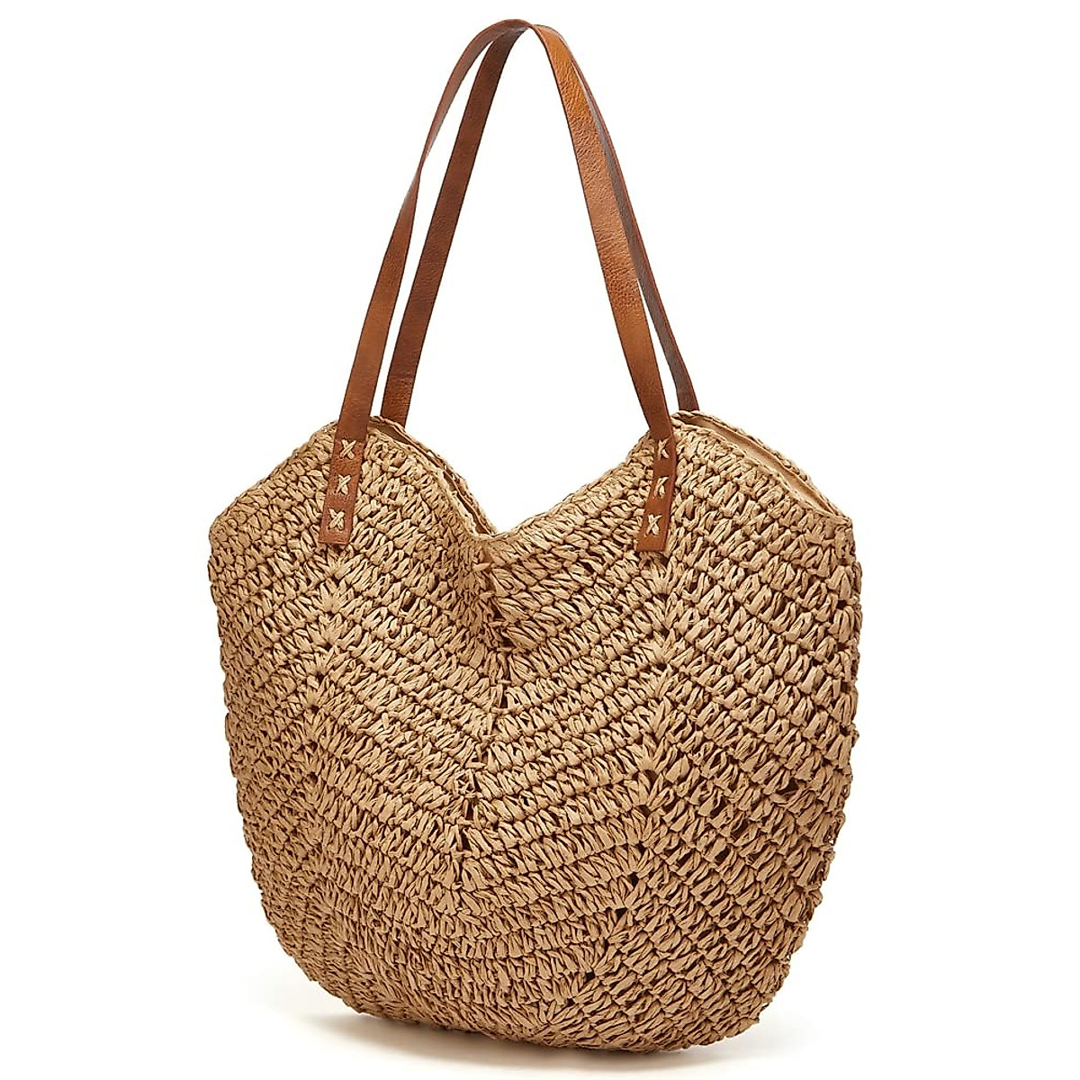 Summer Casual Straw Tote Bag Large Capacity Woven Shoulder Handbag for Summer Beach Vocation (A-Khaki)