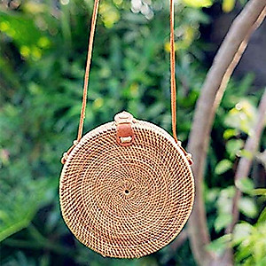 Kbinter Handwoven Round Rattan Straw Bag for Women Shoulder Leather Button Straps Natural Chic Handmade Boho Bag Bali Purse (1 Pack)