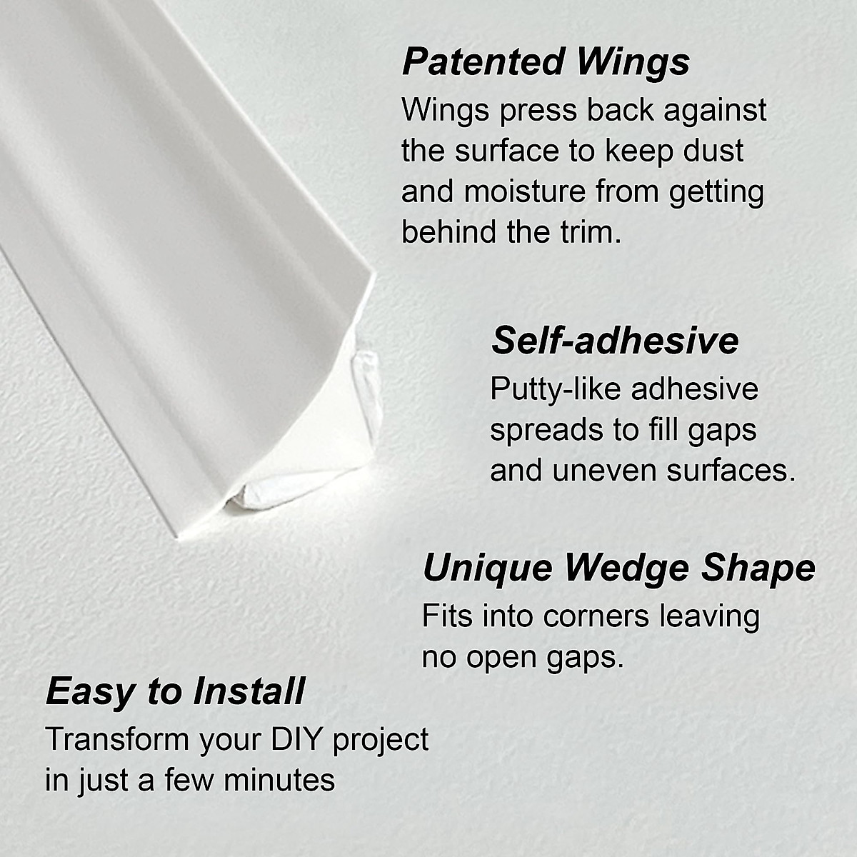 InstaTrim Flexible Self-Adhesive Trim Bundle with Applicator - Trim Caulking Kit with 10 ft White 1/2 in Wide Caulk Strip, 6 Corner and End Caps, and Applicator Tool