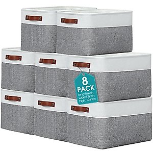 Uiifan 8 Pack Fabric Storage Basket Storage Bin with Handles Linen Decorative Storage Containers Organization Bins for Shelves Closet Organizer Baskets for Toy Nursery (Gray,16 x 12 x 10 Inch)