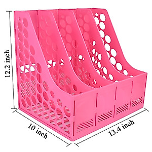 SAYEEC Magazine File Holder, Plastic Desk Organizer File Folder Holder for Desk with 4 Vertical Compartments, Sturdy Desktop Binder Organizer Home Accessories Storage for Office Organization (Pink)