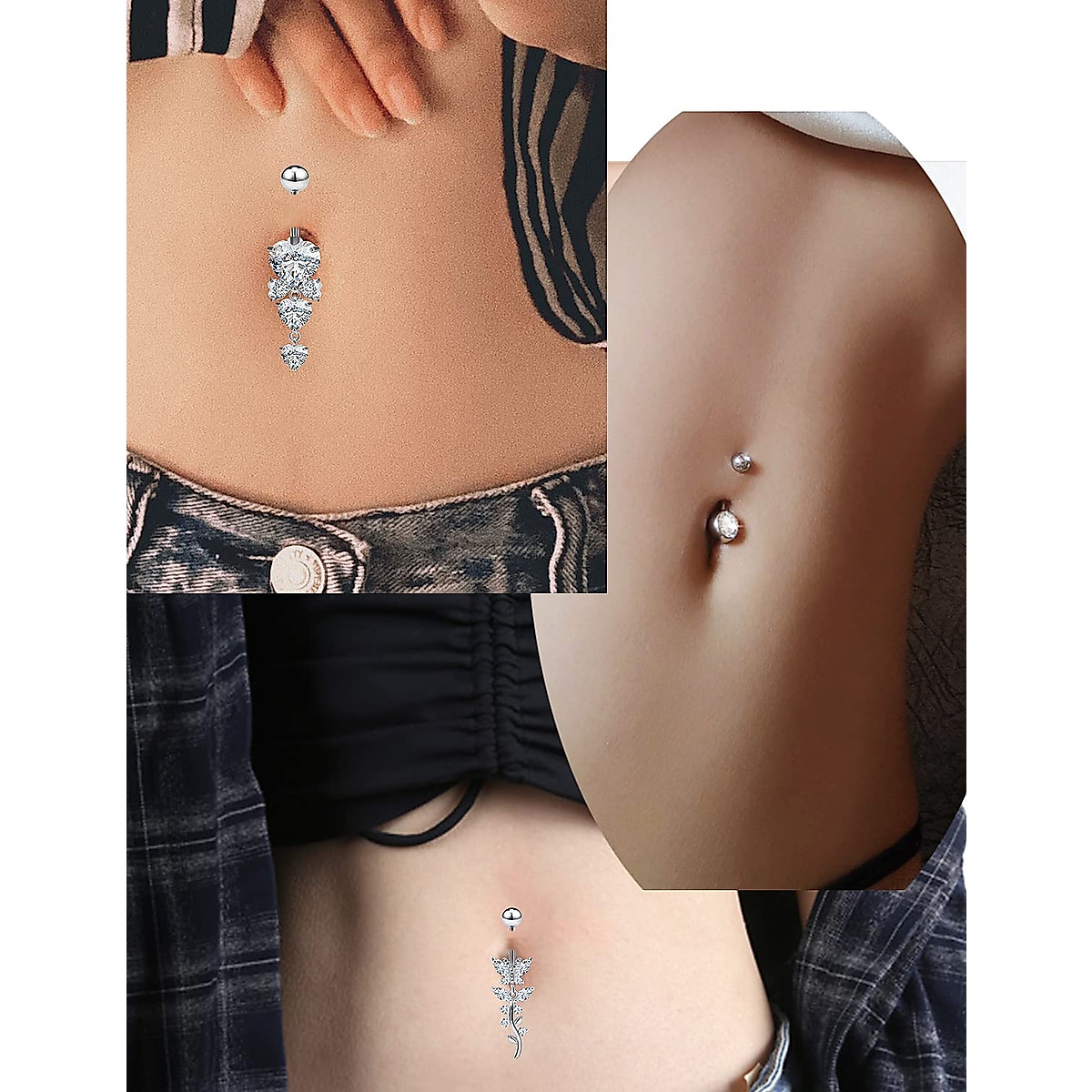 Vsnnsns 14G Belly Button Rings for Women Stainless Steel CZ Opal Long Dangle Belly Button Piercing Jewelry Belly Rings Bars Curved Navel Ring Barbell Body Jewelry Piercing for Women Men Silver 8Pcs