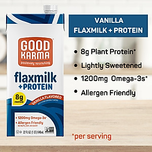 Good Karma Vanilla Flaxmilk +Protein, 32 Ounce (Pack of 6), 8g Plant Protein + 1200mg Omega-3 Per Serving, Plant-Based Non-Dairy Milk Alternative, Lactose Free, Nut Free, Vegan, Shelf Stable
