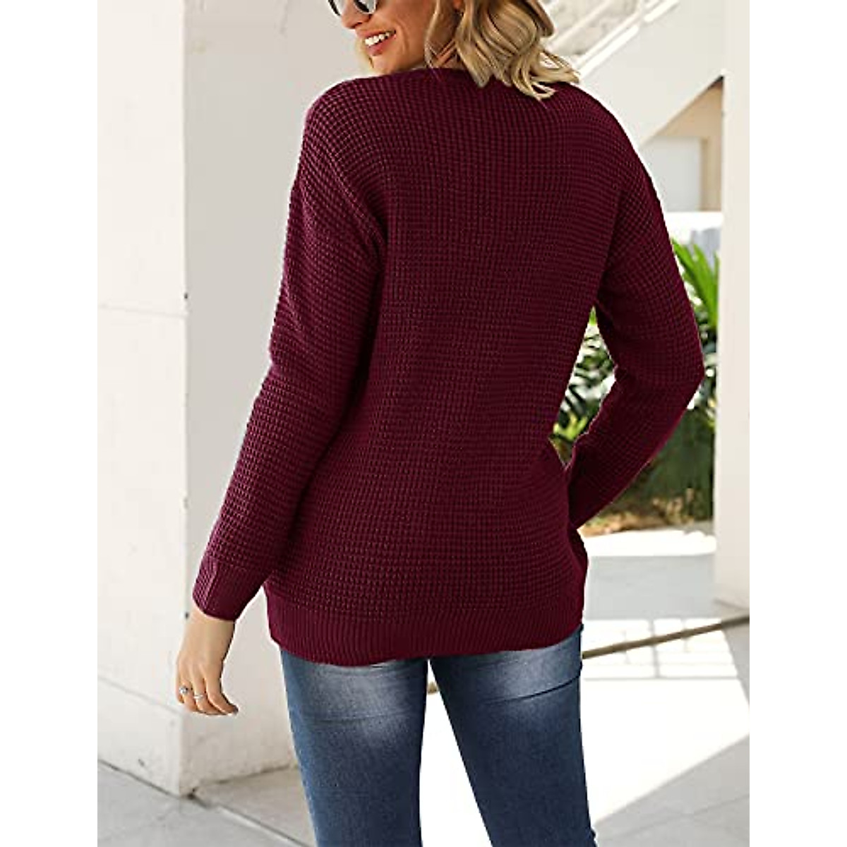 MEROKEETY Women's Long Sleeve Waffle Knit Sweater Crew Neck Solid Color Pullover Jumper Tops Wine