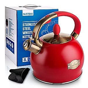 SUSTEAS Stove Top Whistling Tea Kettle-Surgical Stainless Steel Teakettle Teapot with Cool Touch Ergonomic Handle,1 Free Silicone Pinch Mitt Included,2.64 Quart(RED)