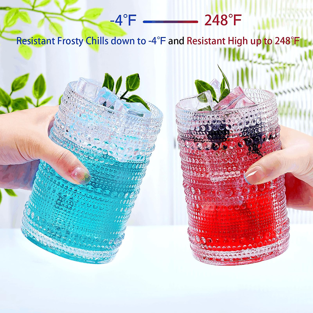 BUTEEST Set of 6 Hobnail Drinking Glasses, 13oz Vintage Glassware for Water, Juice, Cocktail, Milk, Beer & Beverages, Non-slip Design on Body &Bottom, Exquisite Clear Bubble Glasses | BPA Free |, Gift