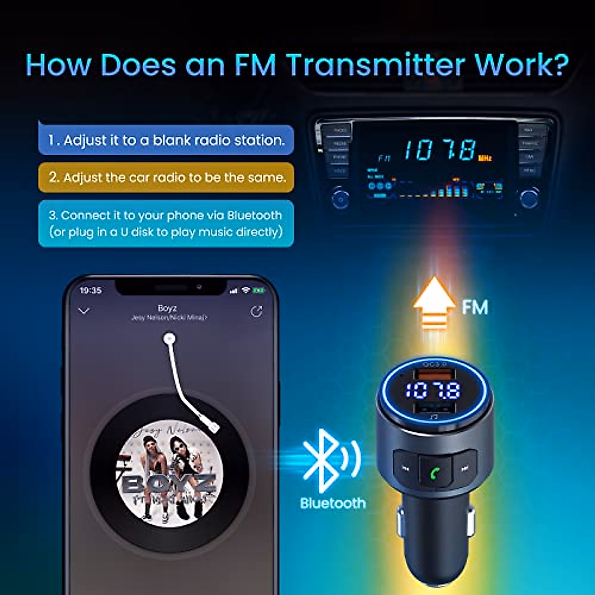Octeso Upgraded V5.0 FM Bluetooth Transmitter Car, QC3.0 & LED Backlit Wireless Bluetooth FM Radio Adapter Music Player/Car Kit with Hands-Free Calls, Siri Google Assistant
