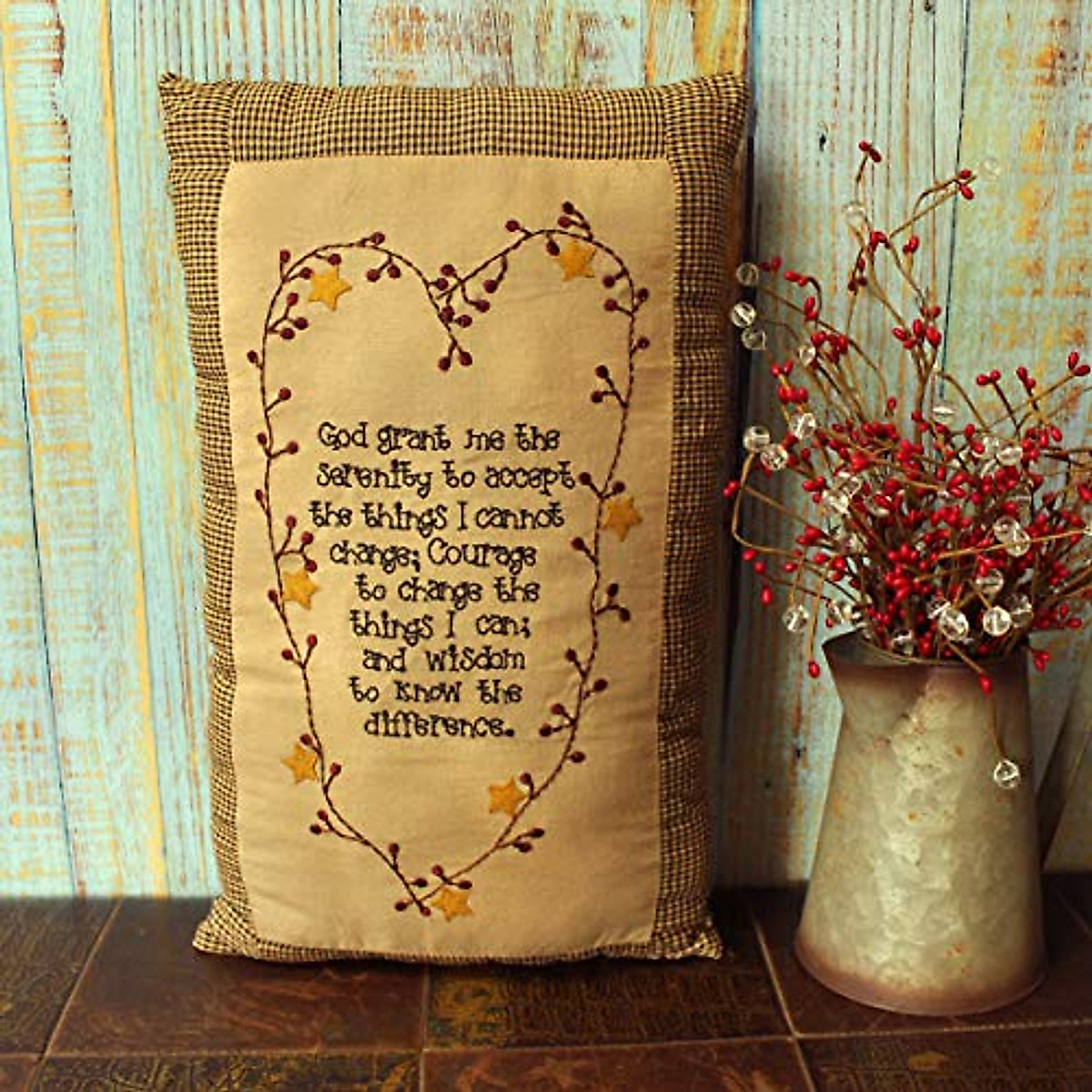 CVHOMEDECO. Rustic Rectangular Inspirational Embroidered Throw Pillow with Star Berry Vine Decorative Accent. 20 x 11 Inch