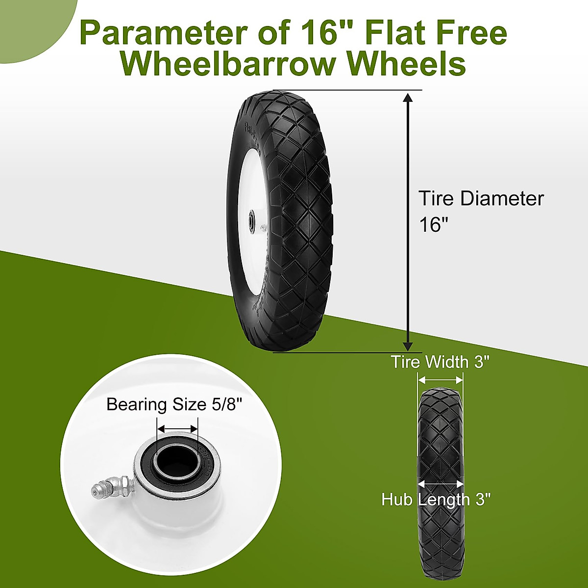 Pontuss Upgraded 16" Flat Free Wheelbarrow Wheels and Tires, 4.80/4.00-8 Solid Wheelbarrow Tires with 5/8"&3/4" Bearings,14"-16" Universal Fit Wheelbarrow Tires for Wheelbarrows/Garden Trailer