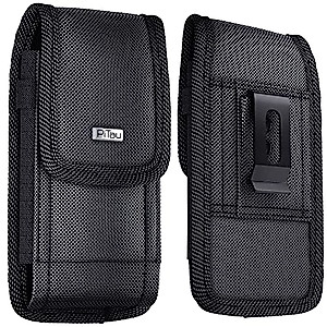 PiTau Holster for iPhone 14, 14 Pro, 13, 13 Pro, 12 Pro, 12, X, XR, Xs, 11 Pro Nylon Cell Phone Belt Holder Case with Belt Clip Loop Pouch Cover (Fits Phone with Otterbox Commuter Case) Black Large