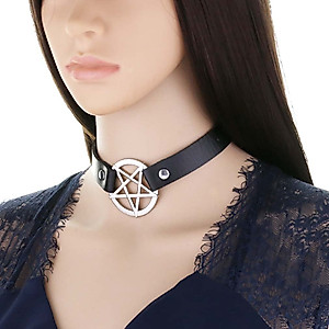 FM FM42 Black PU Simulated Leather Silvert-Tone Pentacle Star O Ring Collar Choker Necklace