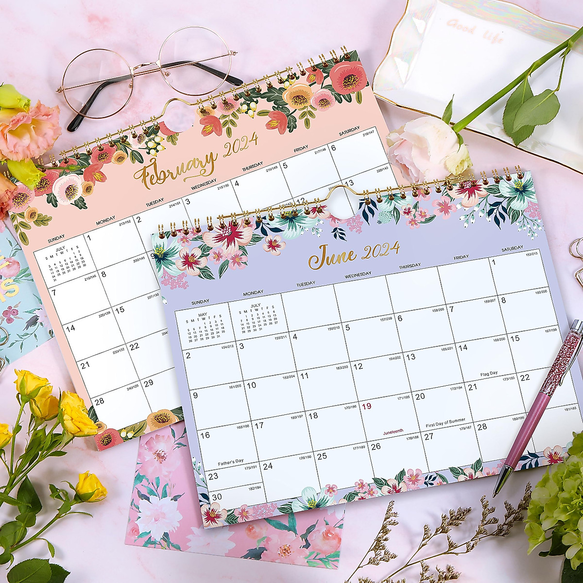2024 Wall Calendar - 2024 Calendar, 12-Month Calendar 2024, 11" x 8.5", Twin-Wire Binding + Hanging Hook + Thick Paper + Unruled Blocks with Julian Dates - Floral