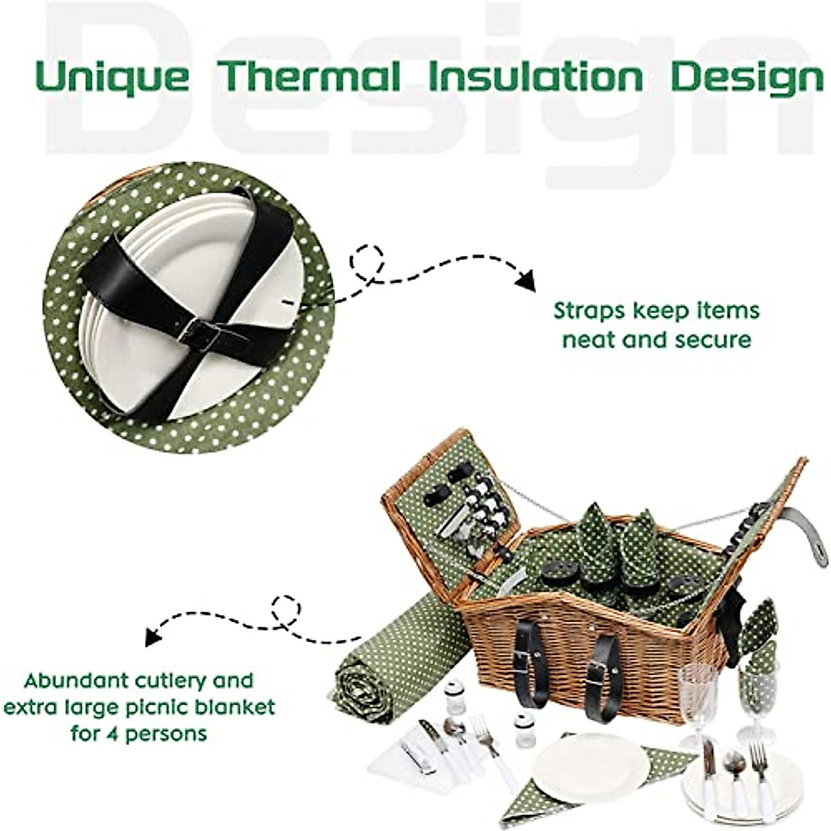 Picnic Basket for 4, Willow Picnic Basket Set with Insulated Cooler Compartment, Waterproof Blanket and Cutlery Service Kit for Camping, Outdoor