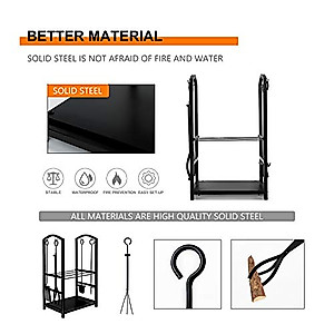 WBHome Firewood Rack with 4 Tools - Iron Fire Log Holder Storage Set Includes Brush, Shovel, Poker, and Tongs, 17 x 29 x 12 inches, for Indoor/Outdoor